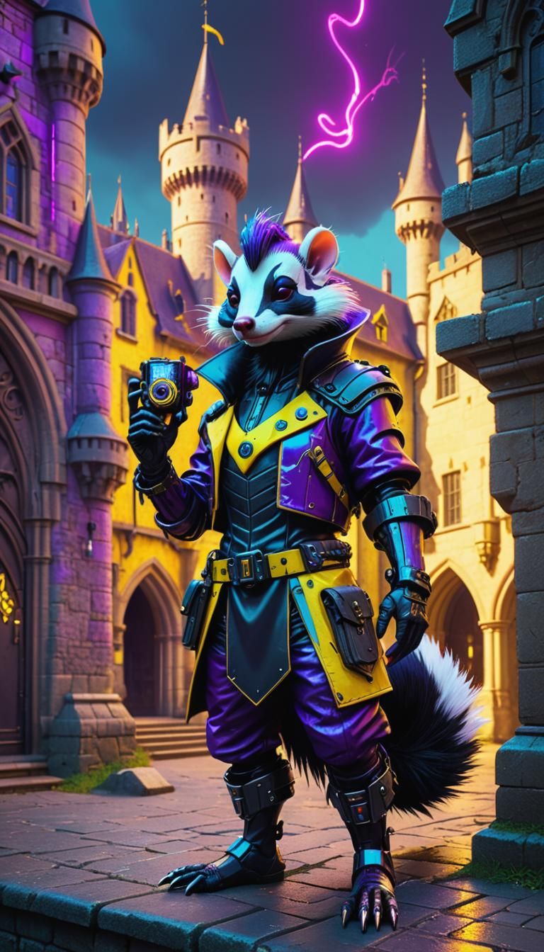 An Anthropomorphic skunk Neon Cyberpunk in front of a medieval castle ...