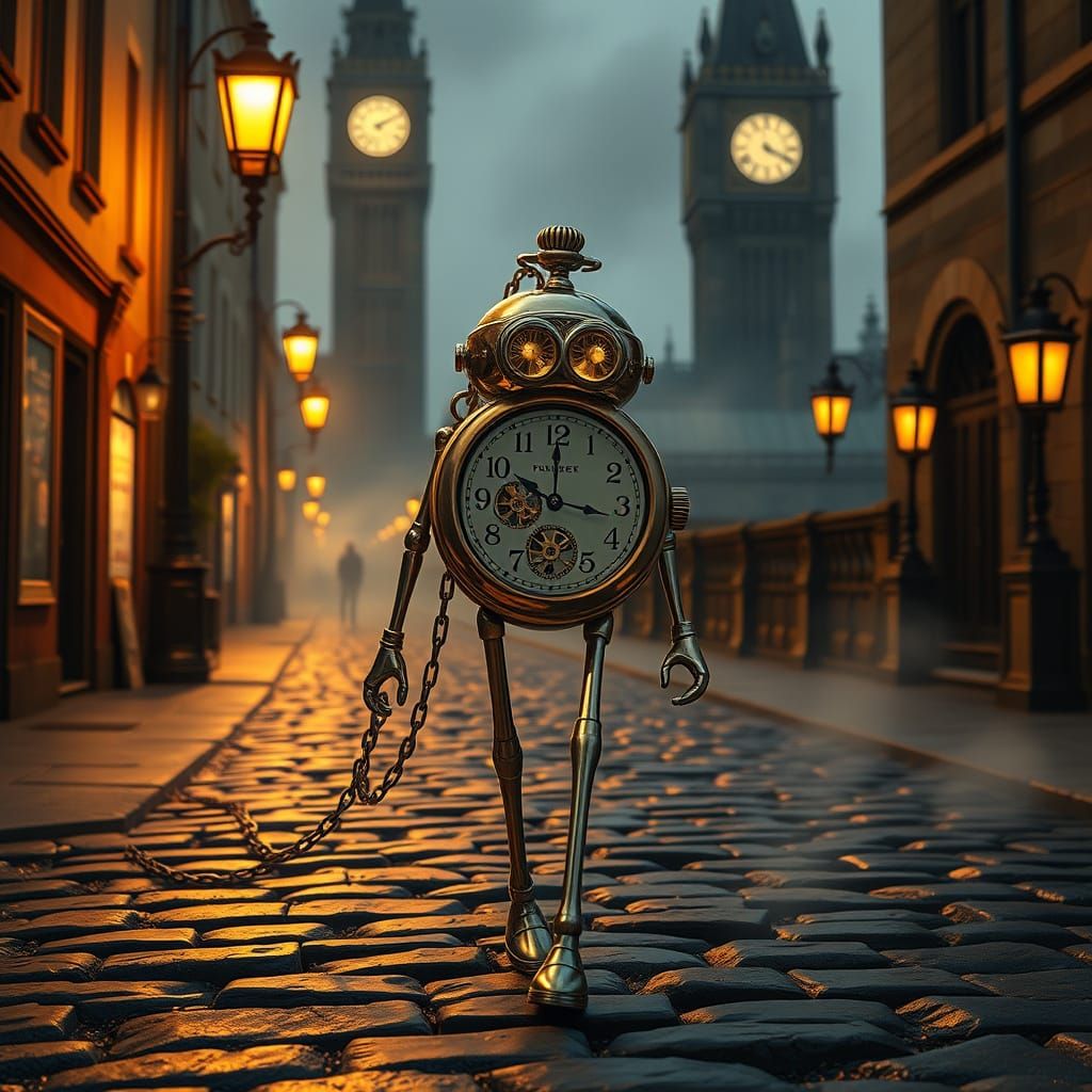 Elegant Clockwork Gentleman Strolls Victorian Stre... - AI Art