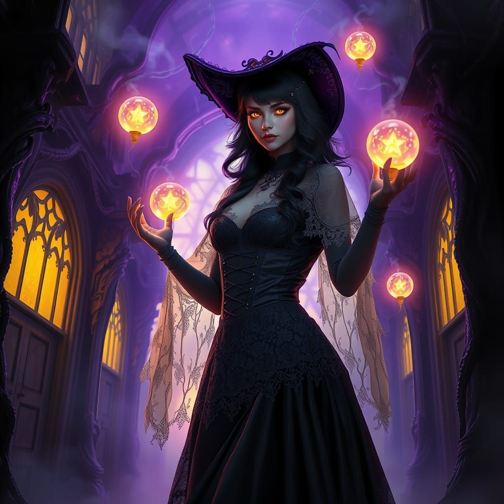 Enigmatic Sorceress in Victorian-Inspired Dark Fan... - AI Art