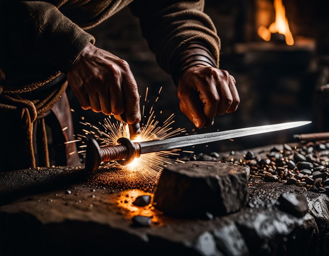 a 4k high resolution close shot photograph of a medieval blacksmith ...