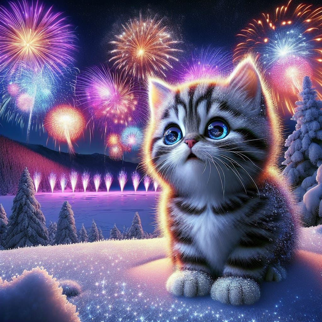Adorable Kitten Watches Vibrant Fireworks Display ... - AI Art
