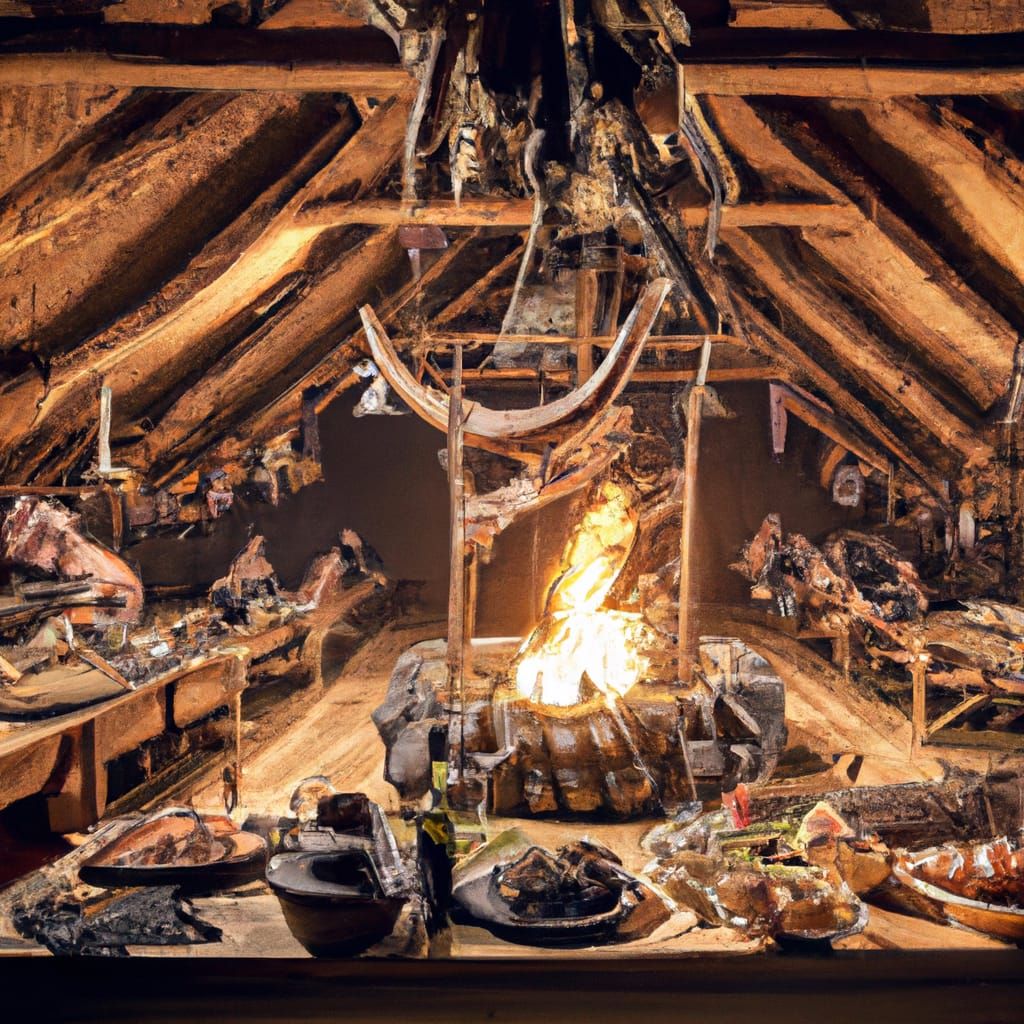 Inside a Viking mead hall is a massive feast with all sorts of cooked ...