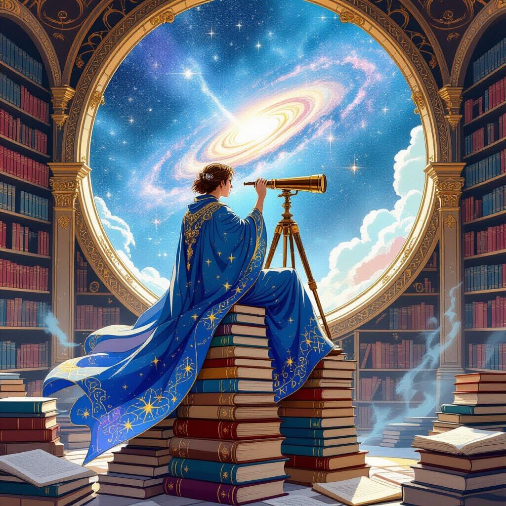 Celestial Cartographer Charts Galaxies in Watercol... - AI Art