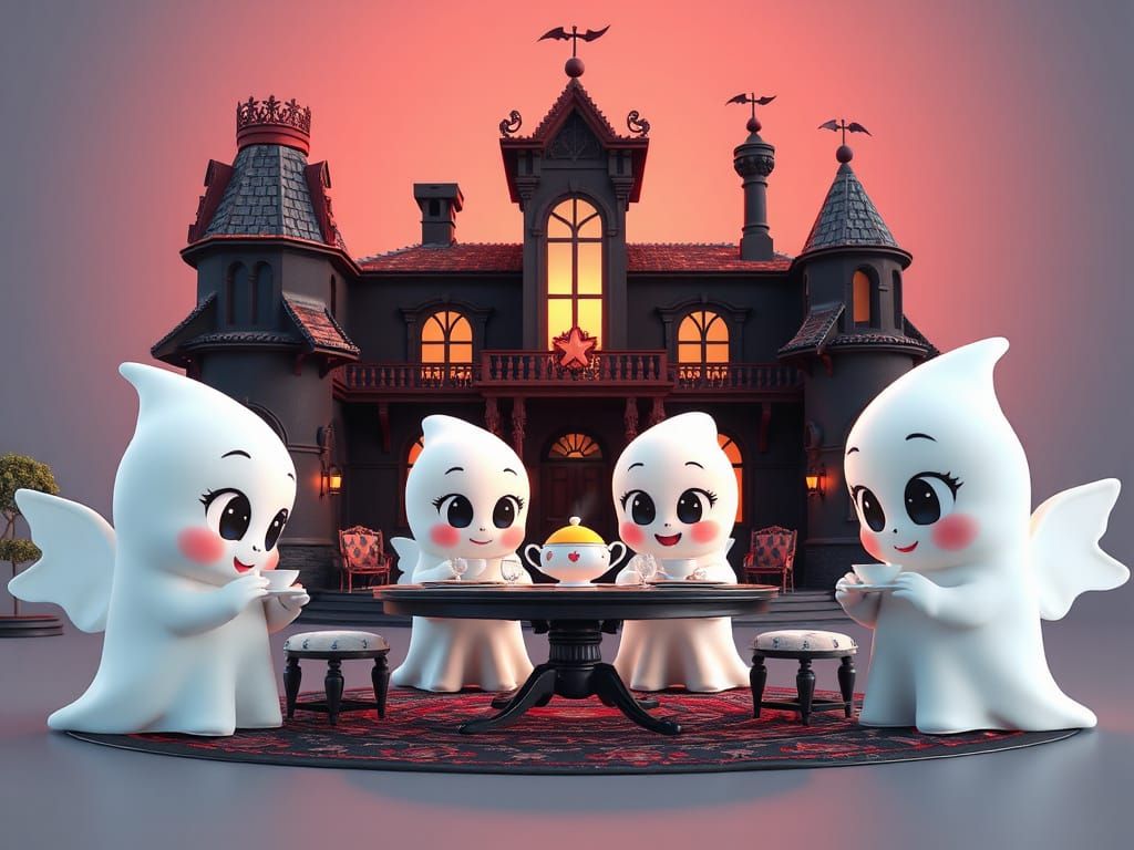HIGLY DETAILED CHIBI STYLE BABY GHOSTS HAVING A TEA PARTY IN A CUTE ...