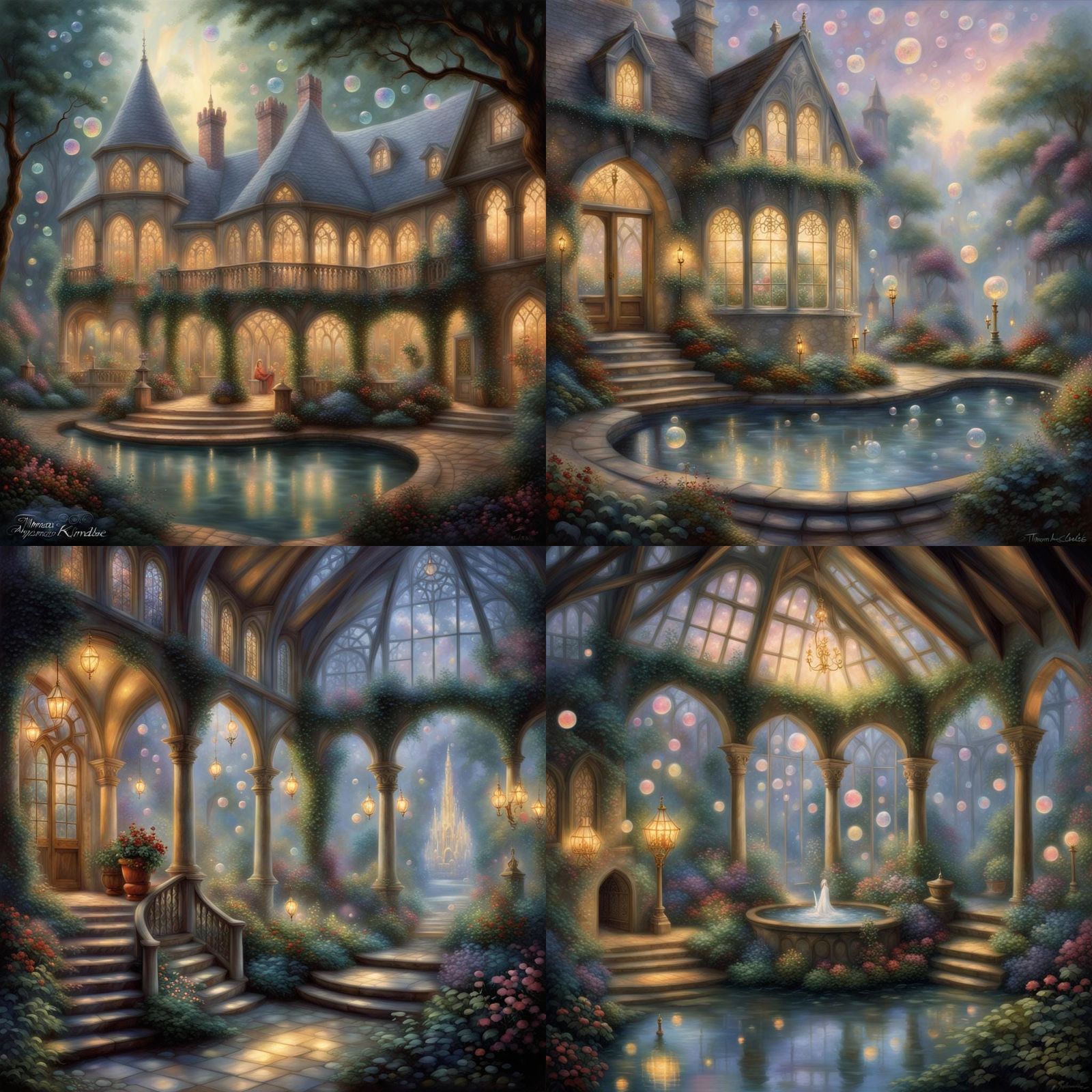 Medieval conservatory, effervescent bubbles fill the air, night time ...