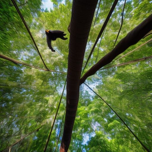 Vertical downward view from top of tree canopy with an orangutan ...