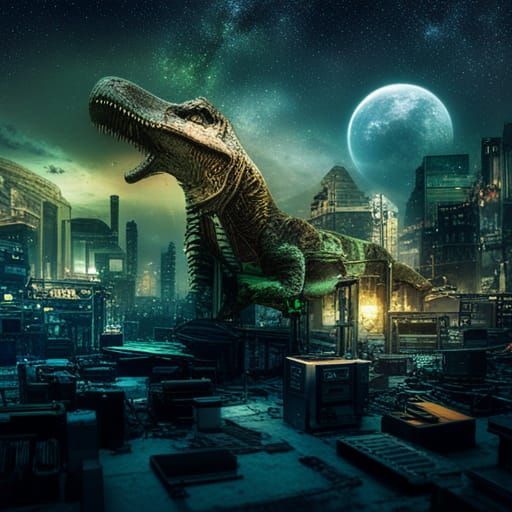 computer pcb after apocalypse with dinosaur 1 - AI Generated Artwork - NightCafe Creator
