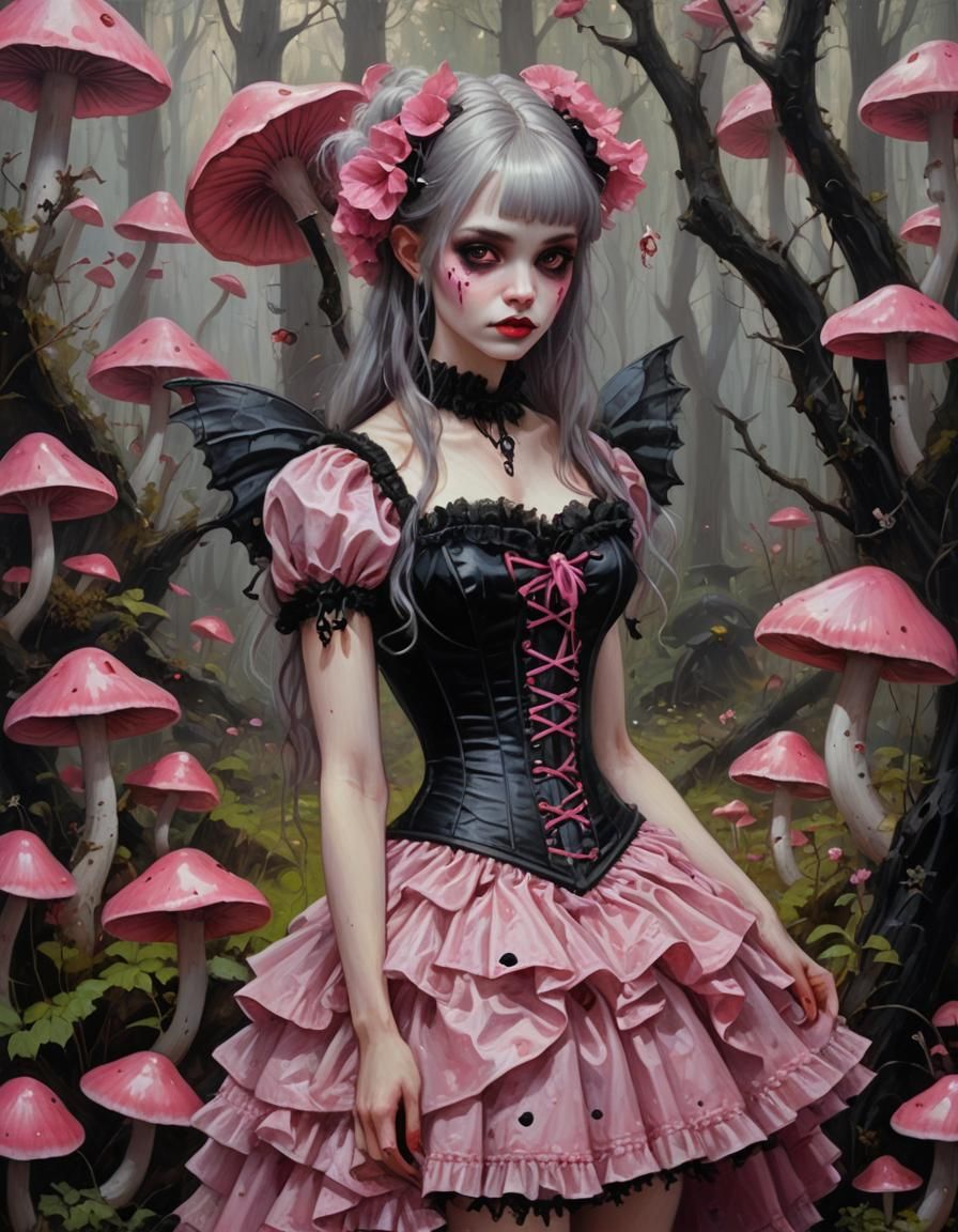 cute goth vampire fairy with pink and black corset dress in poison pink mushrooms - AI Generated ...