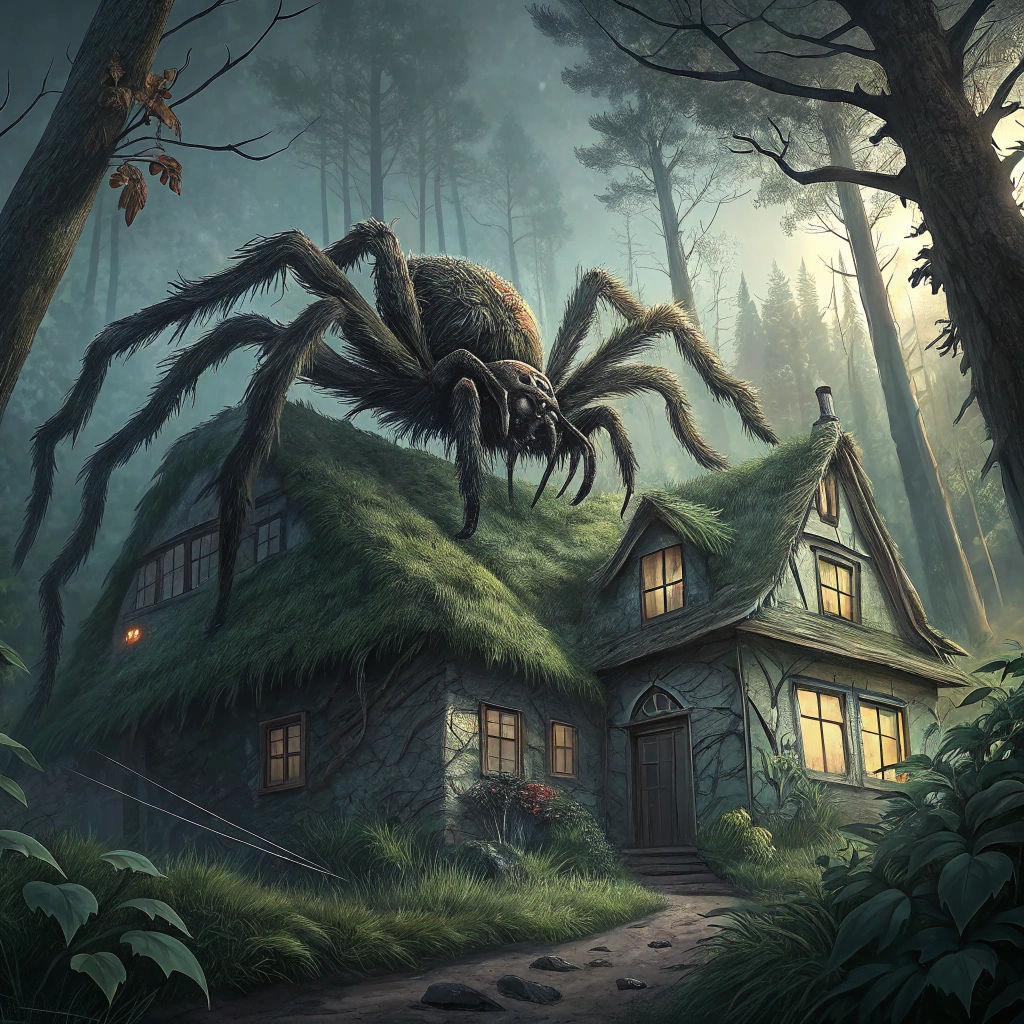 Giant tarantula, cottage in the woods