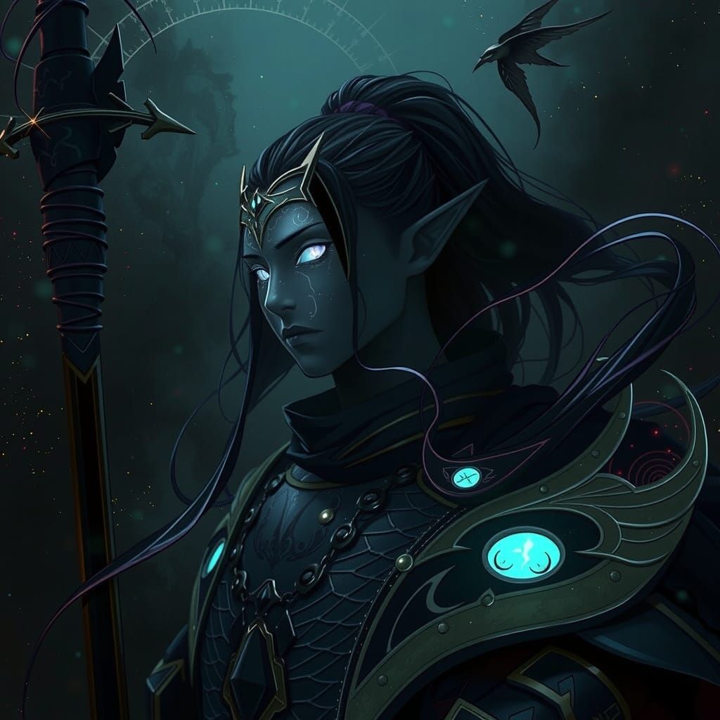 Mystical Drow Elf Samurai in Cosmic Nebula - AI Art