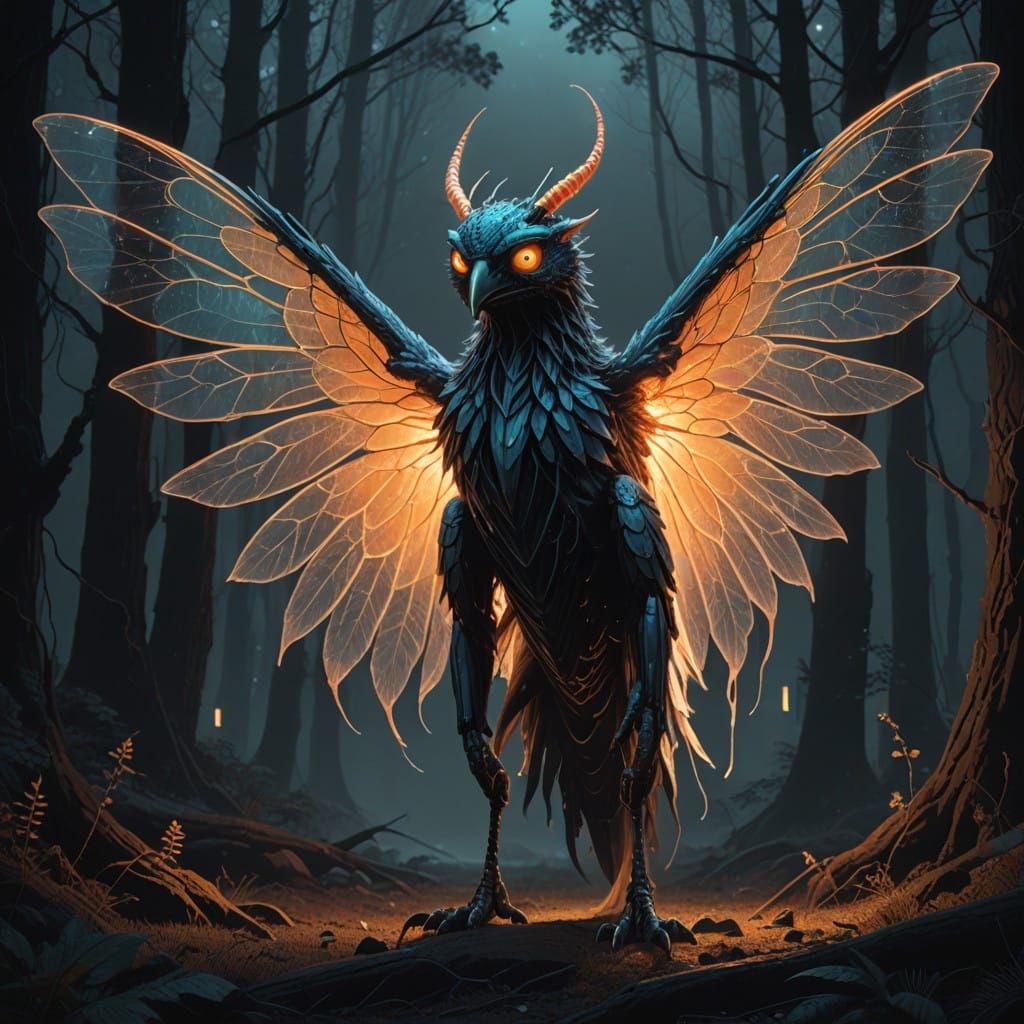 bioluminescent hyperdetailed firey winged creature