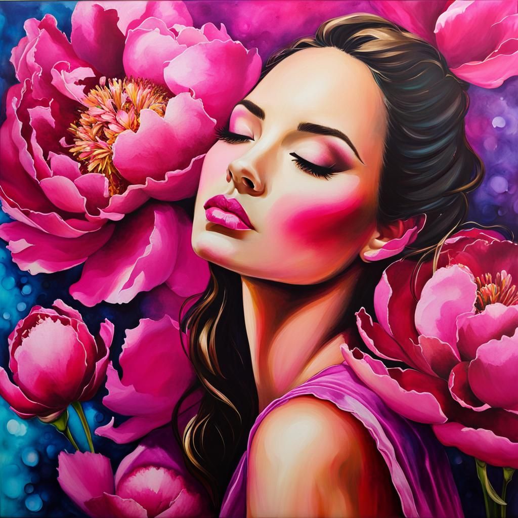 Alcohol ink Painting Peonies And Woman - AI Generated Artwork ...