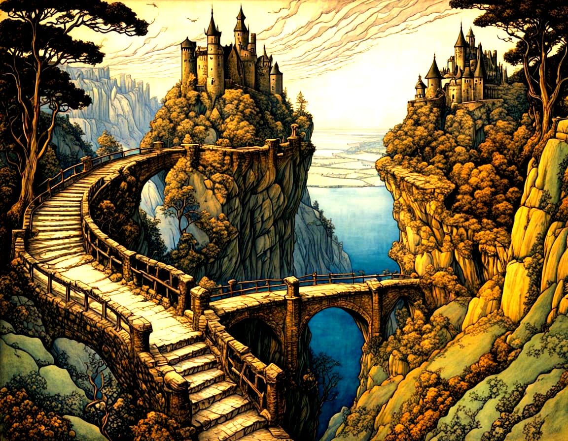 Fantasy landscape, cliffs at crazy angles, castle with long winding stairs