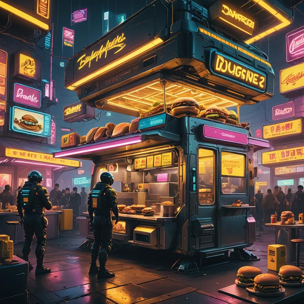 Burger food truck in cyberpunk city space - AI Generated Artwork ...