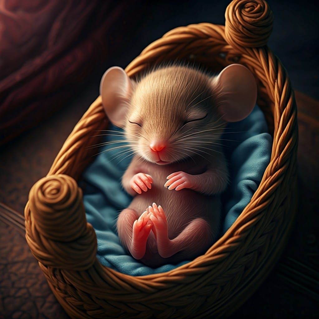 Whimsical Fantasy Mouse Cub in Dollhouse Crib - AI Art