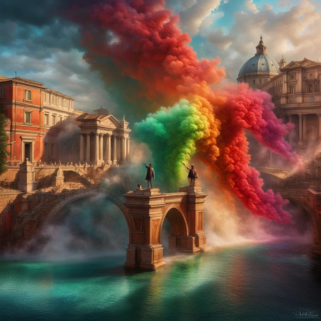 rome in a colorful scene with rainbow smoke billowing around him ...