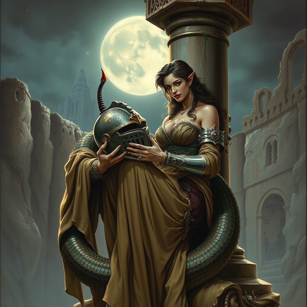 Mythical Lamia Goddess Emerges from Ancient Ruins - AI Art