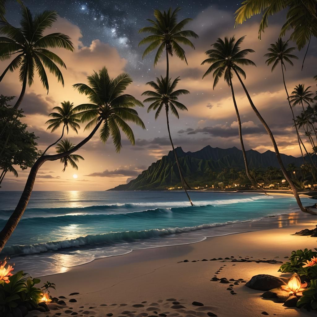 ultrarealistic stunning Hawaiian beach night - AI Generated Artwork - NightCafe Creator