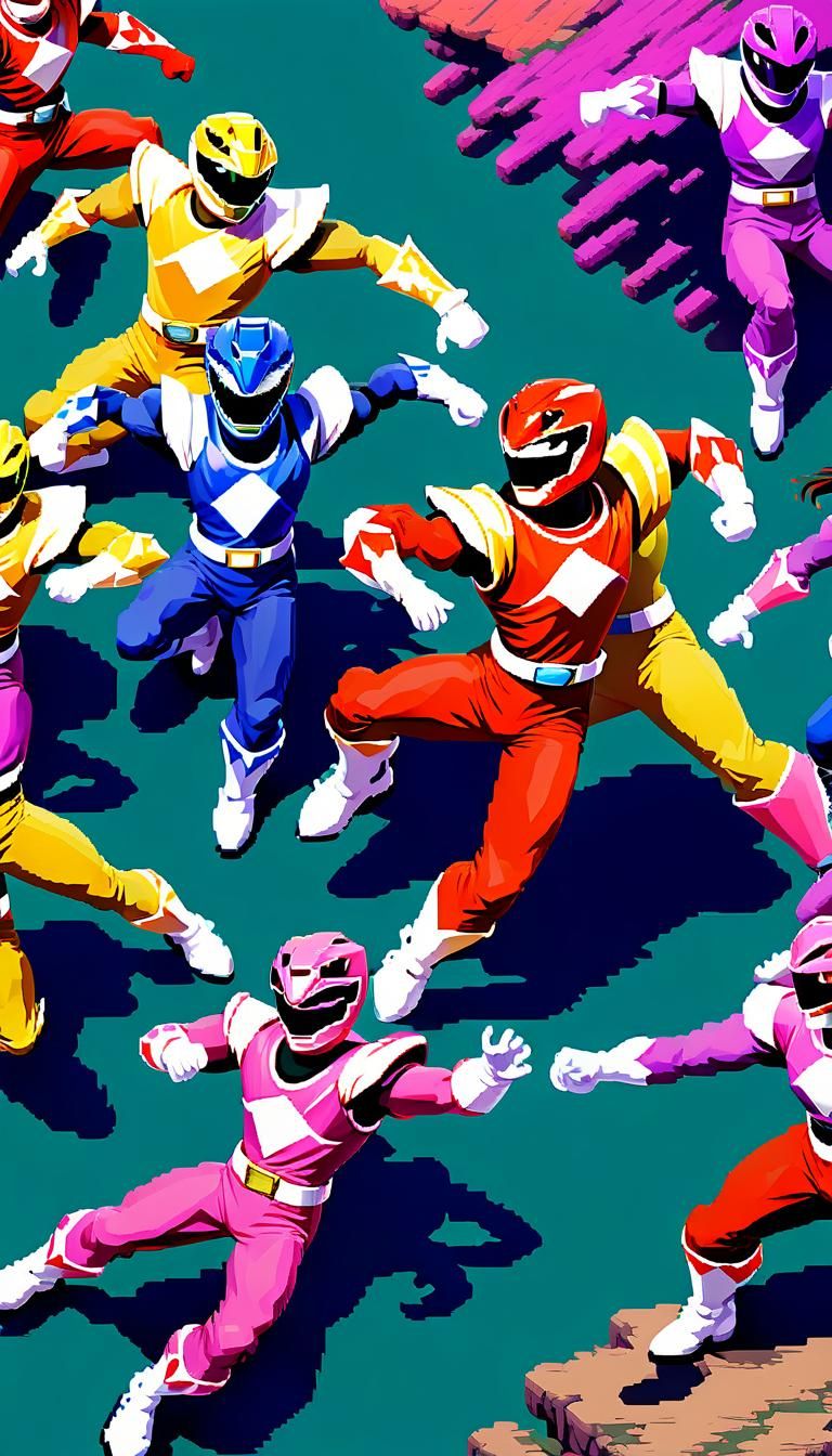 1990s style top down 16bit jrpg style power ranger team, red blue ...