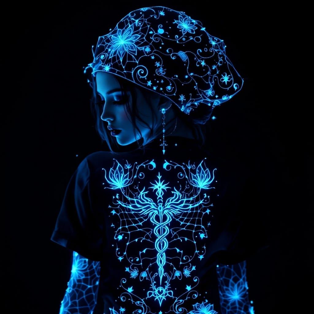 Goth Nurse in Azure Spider Web Scrubs, Bioluminesc... - AI Art