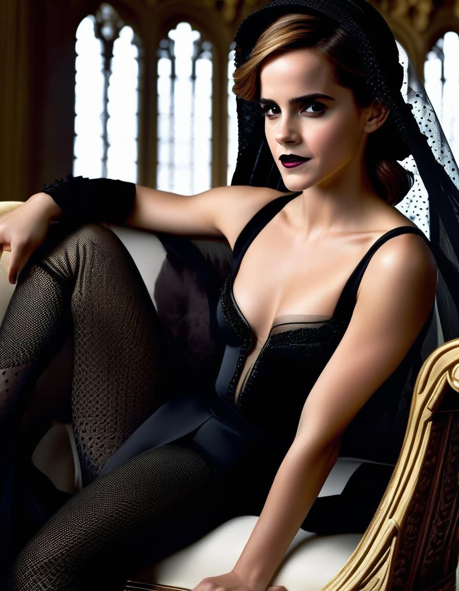 Emma Watson, extremely transparent sheer black bodystocking, show full body, intricate details ...