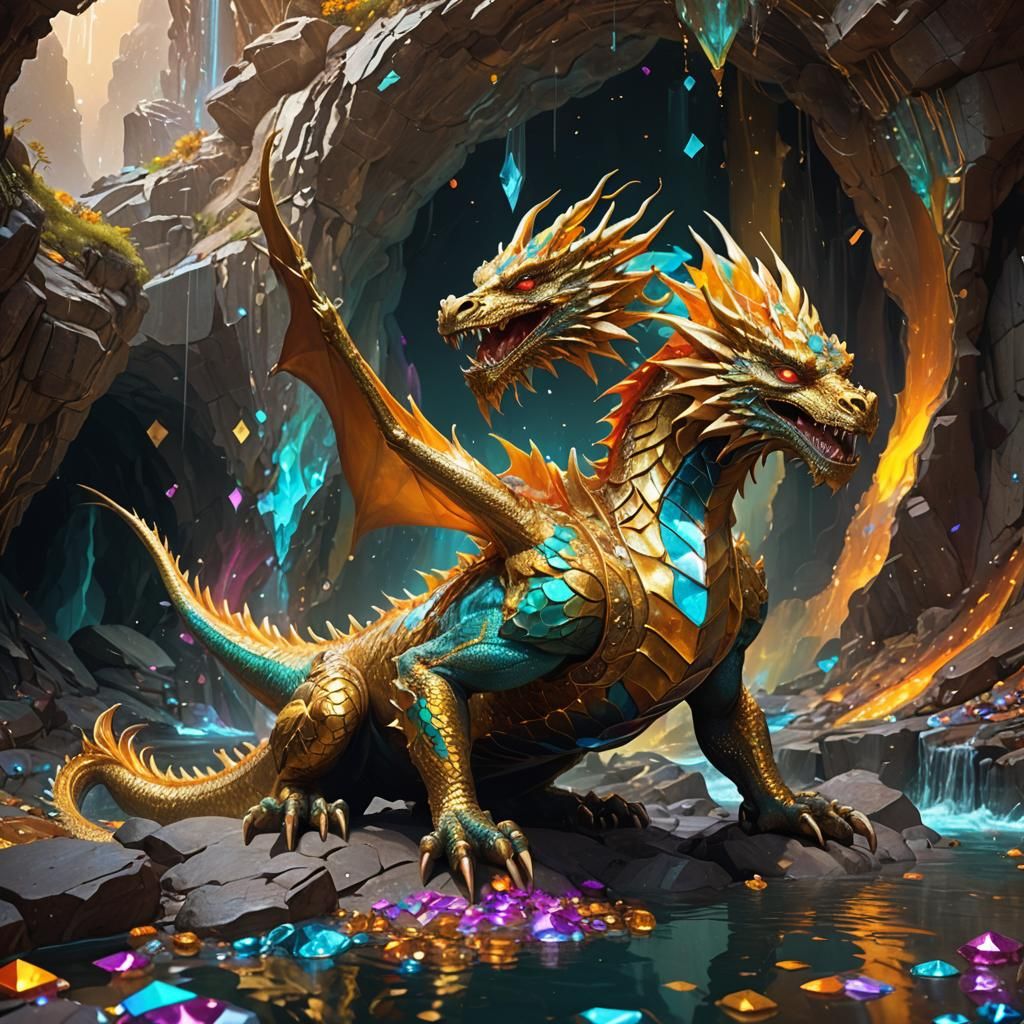 A hyperdetailed gold dragon with ripples in a cave full of rainbow ...