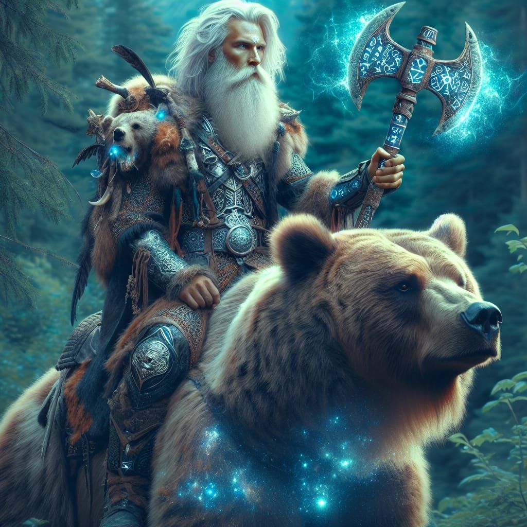 Bromras Thunderaxe - dwarf riding his huge bear Silverclaw, his runed ...