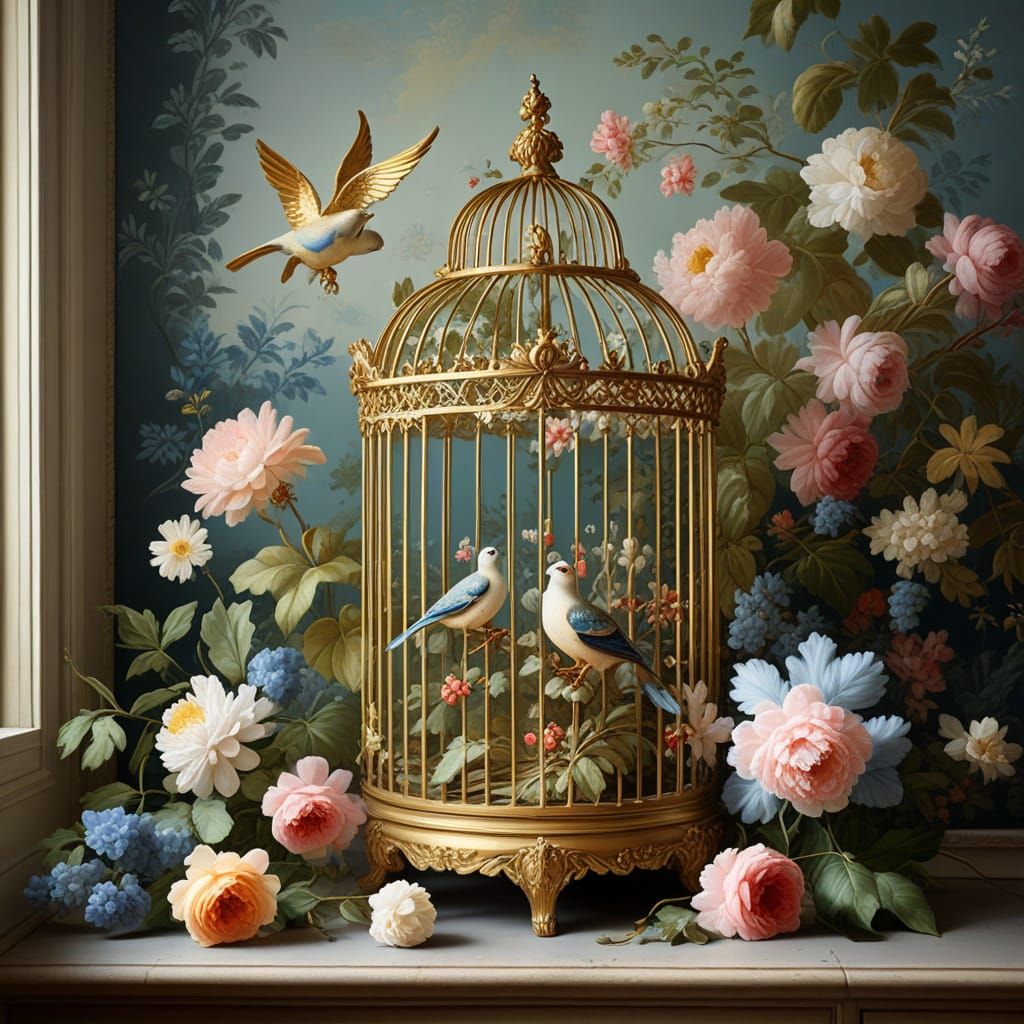 LOVE DOVES - Delicate Rococo Garden Scene with Whimsical Flo...