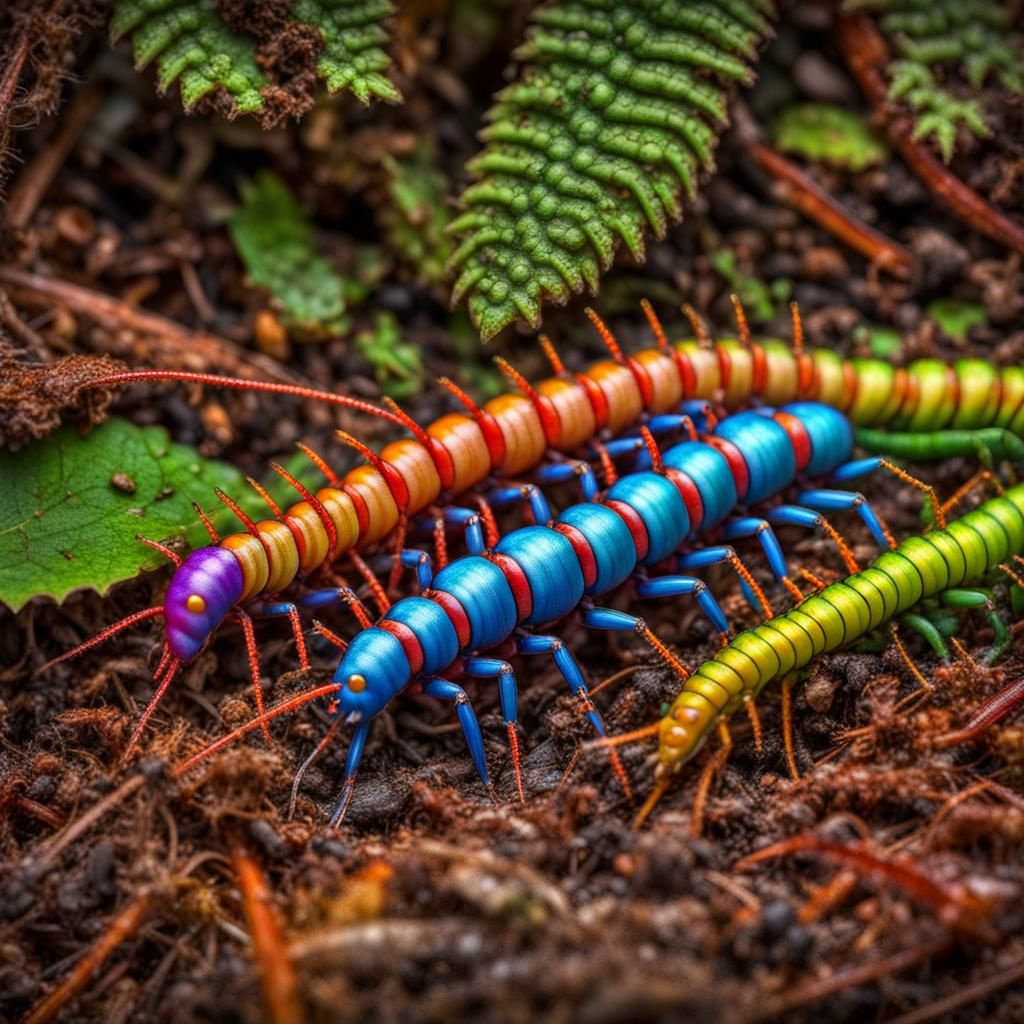 Brightly colored centipedes crawling on the forest floor, intricate details, beautifully shot, a ...