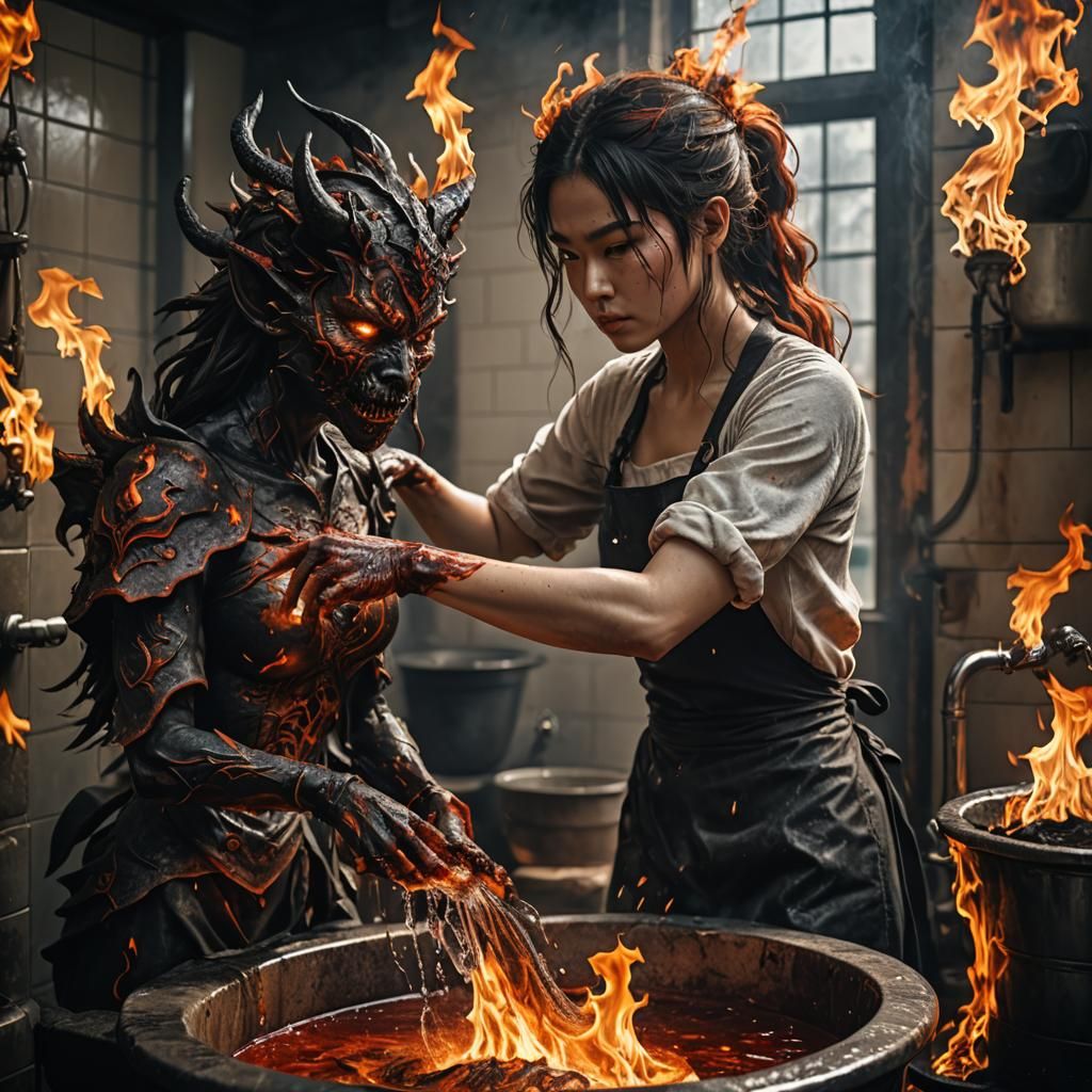 young fire demon girl, washing routine