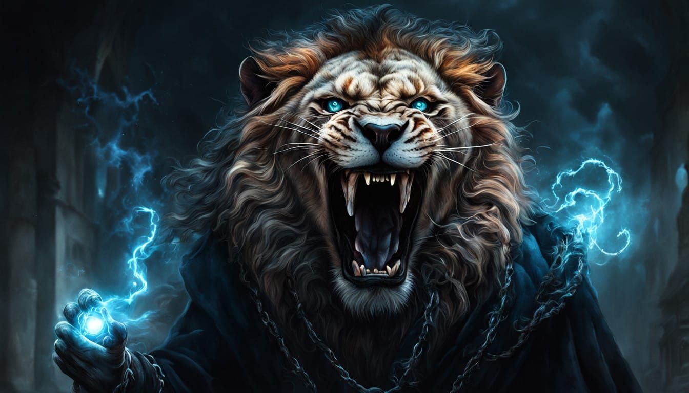 Vampire Lion Tamer Commands Spectral Lion with Blu... - AI Art