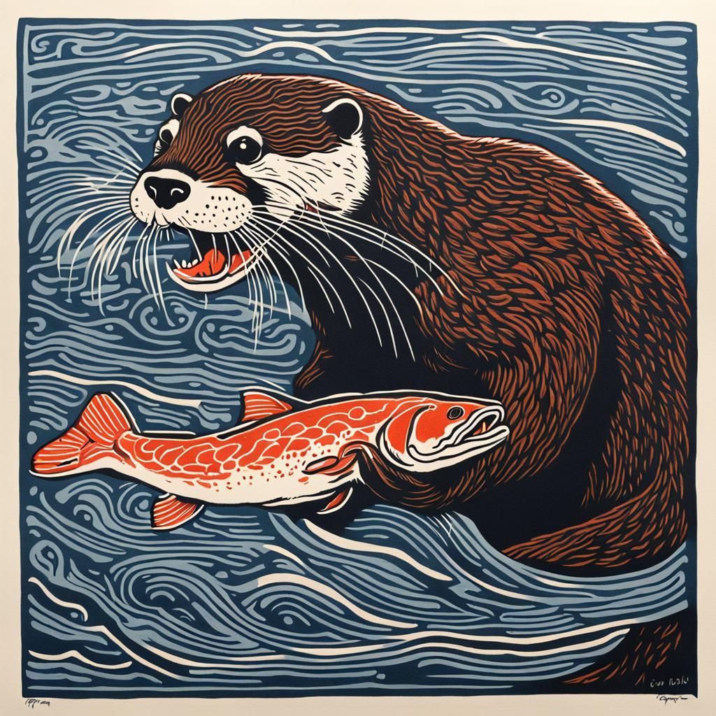 A linocut of an otter catching a large salmon - AI Generated Artwork ...
