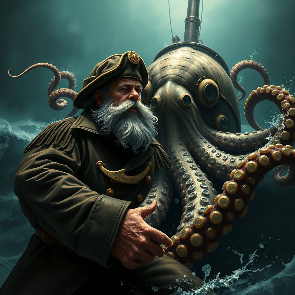 Captain Nemo Fighting Giant Octopus