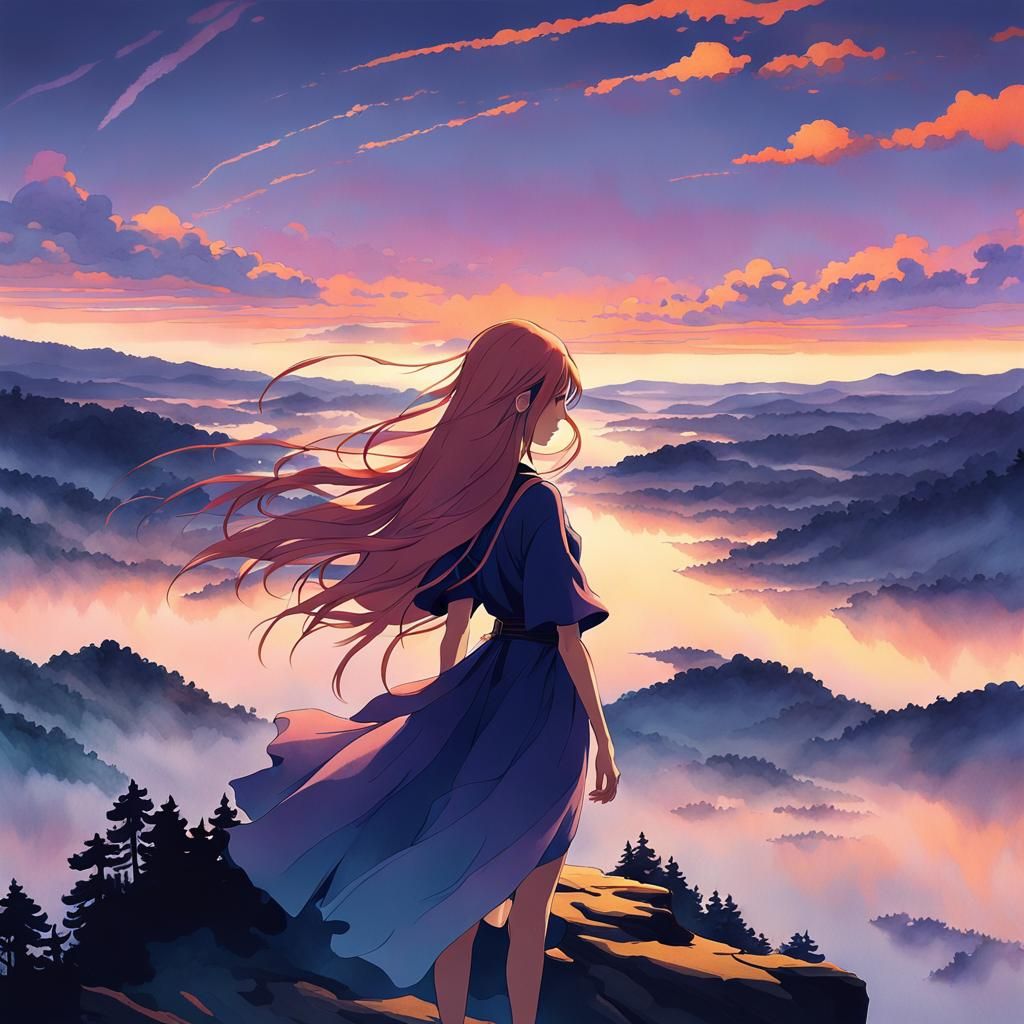 Twilight Scene Anime Girl - Serene Anime Girl at Twilight