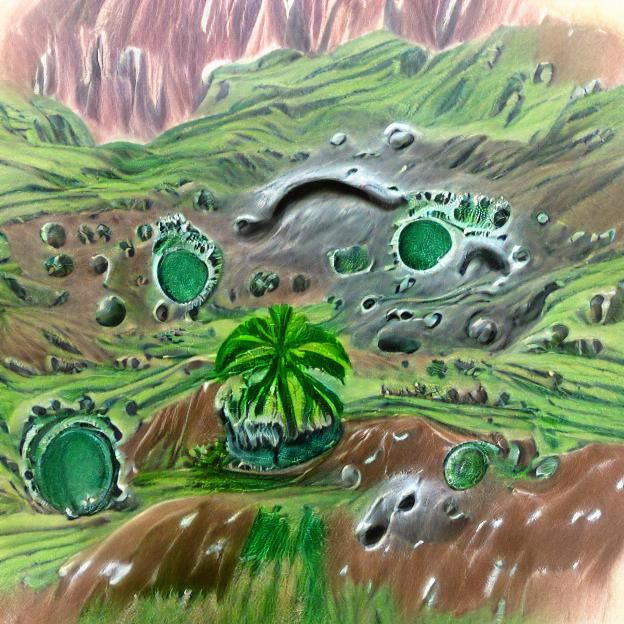 A green alien planet with tropical foliage and craters scattering the ...