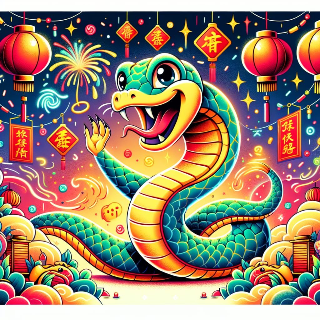New Year: Year of the Snake, cartoonized style, clean oil ink airbrush ...