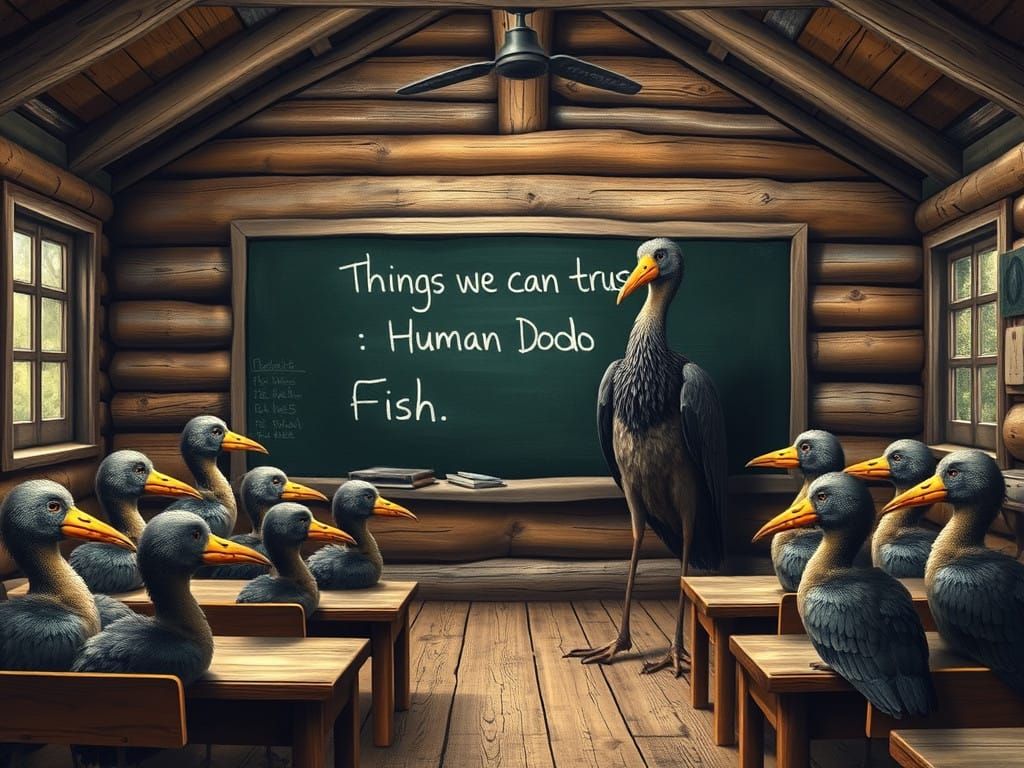 Dodo Birds in a Whimsical Log Cabin Classroom - AI Art