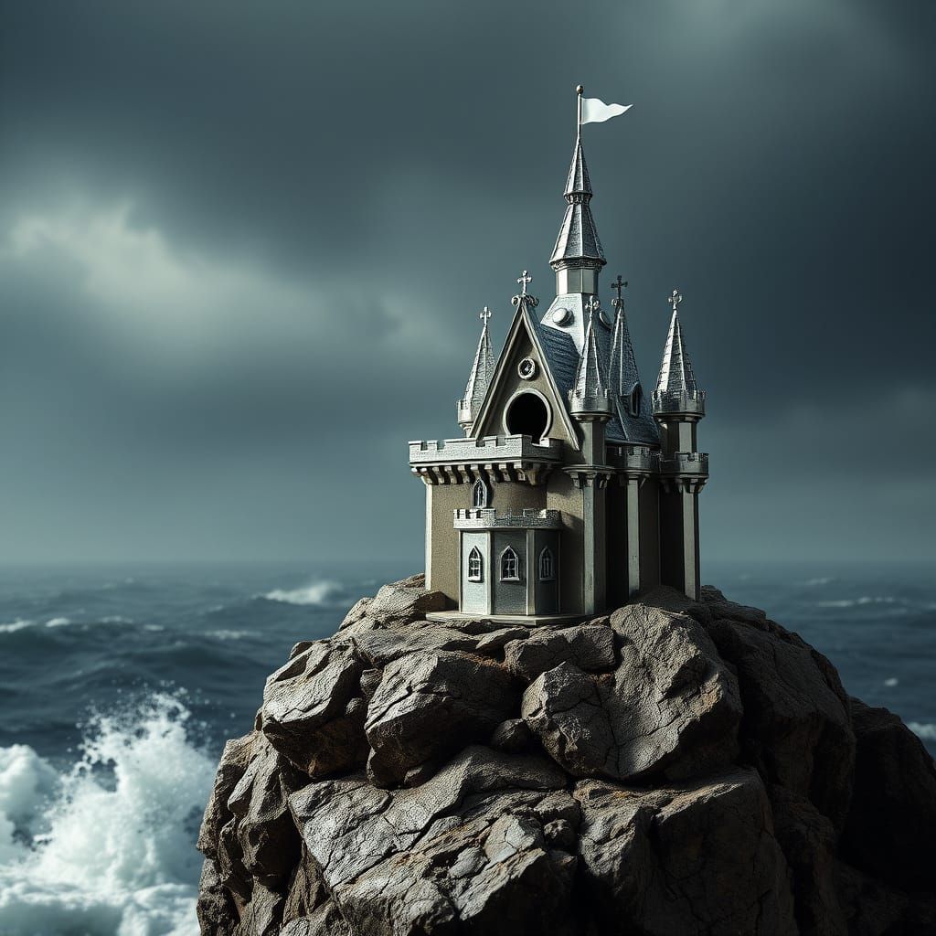Chrome Castle Birdhouse Overlooking Stormy Sea - AI Art