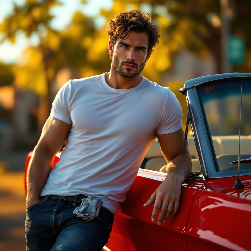 A handsome man with brown hair and blue eyes, wearing a white t-shirt ...