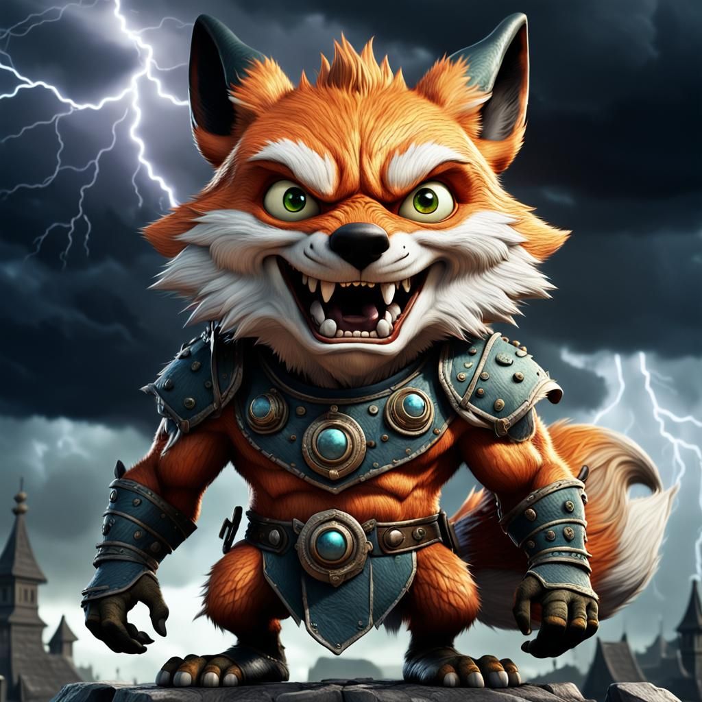 an aggressive but cute exaggerated fox in the style of an ogre with ...
