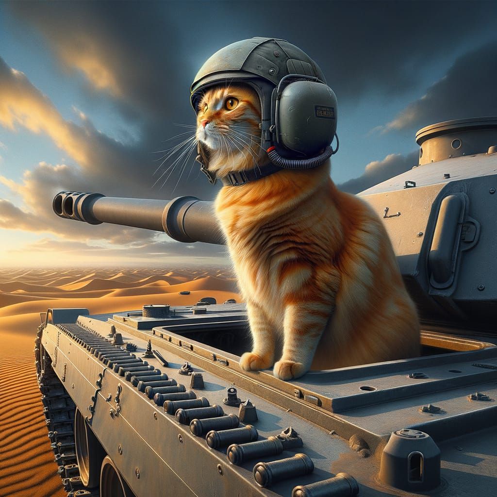 Tabby as a tank commander standing in the turret hatch and wearing a ...