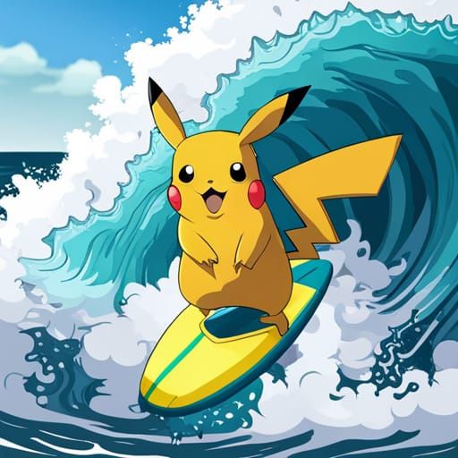 Pikachu surfing on a surfboard, high waves - AI Generated Artwork ...