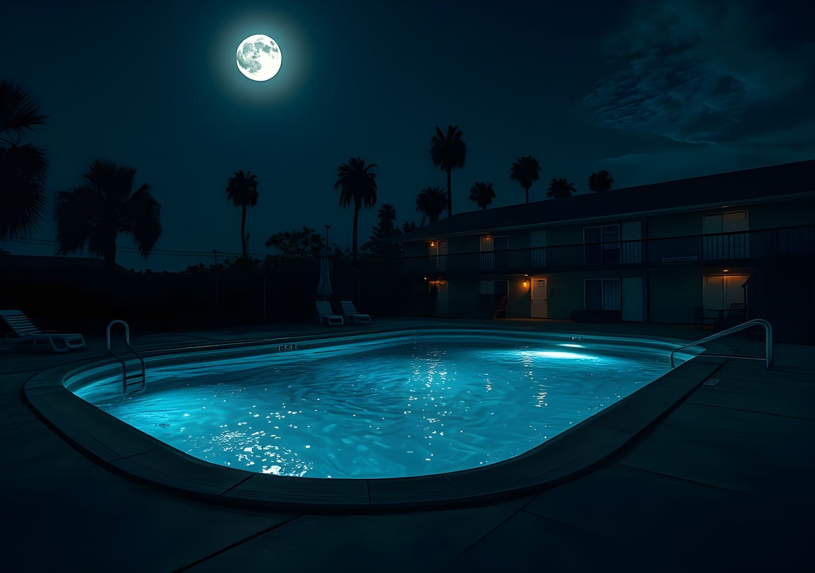 Motel Pool at Night - Motel Pool at Night in Whimsical Dark...