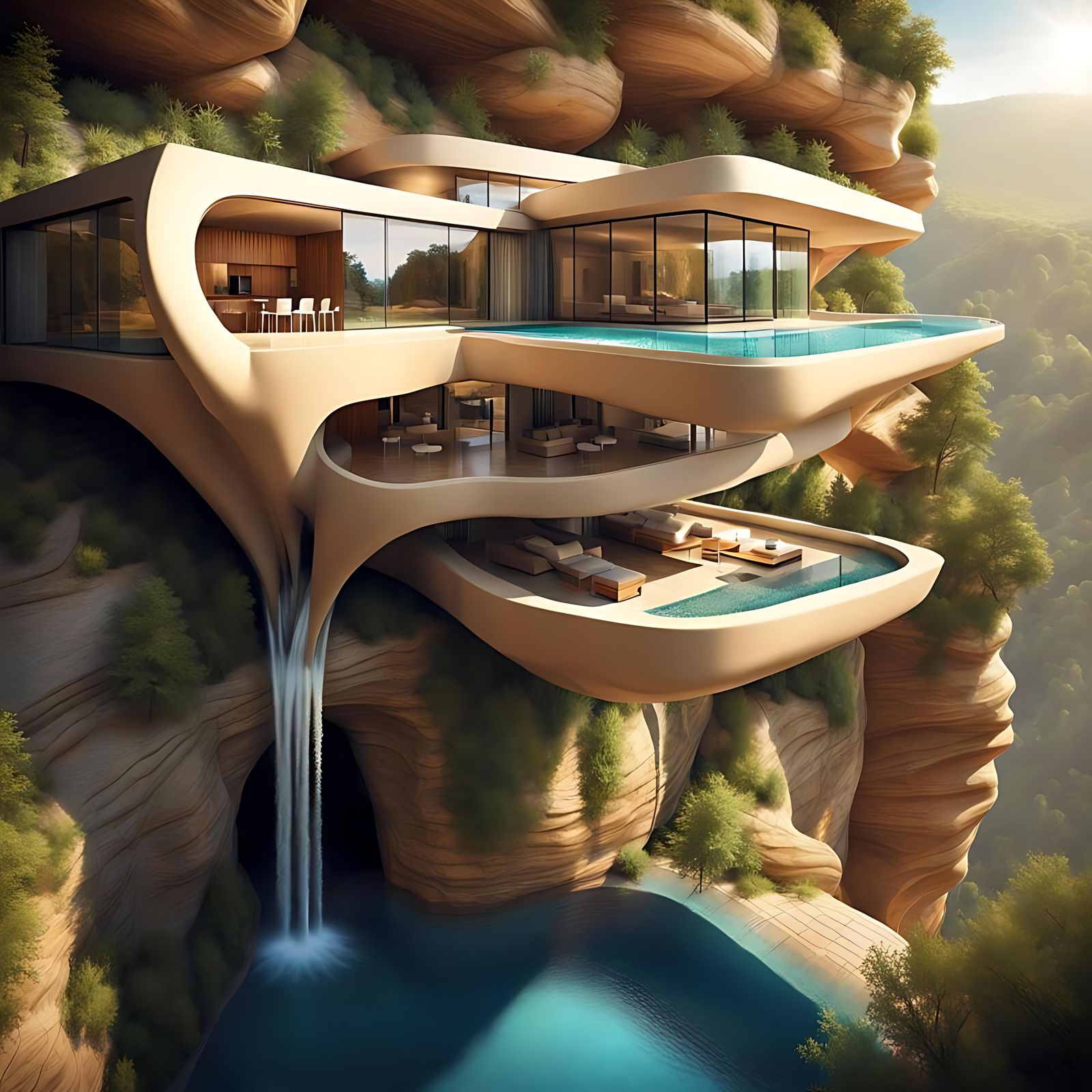 Cliffside Hotel (impossible architecture) - AI Generated Artwork - NightCafe Creator