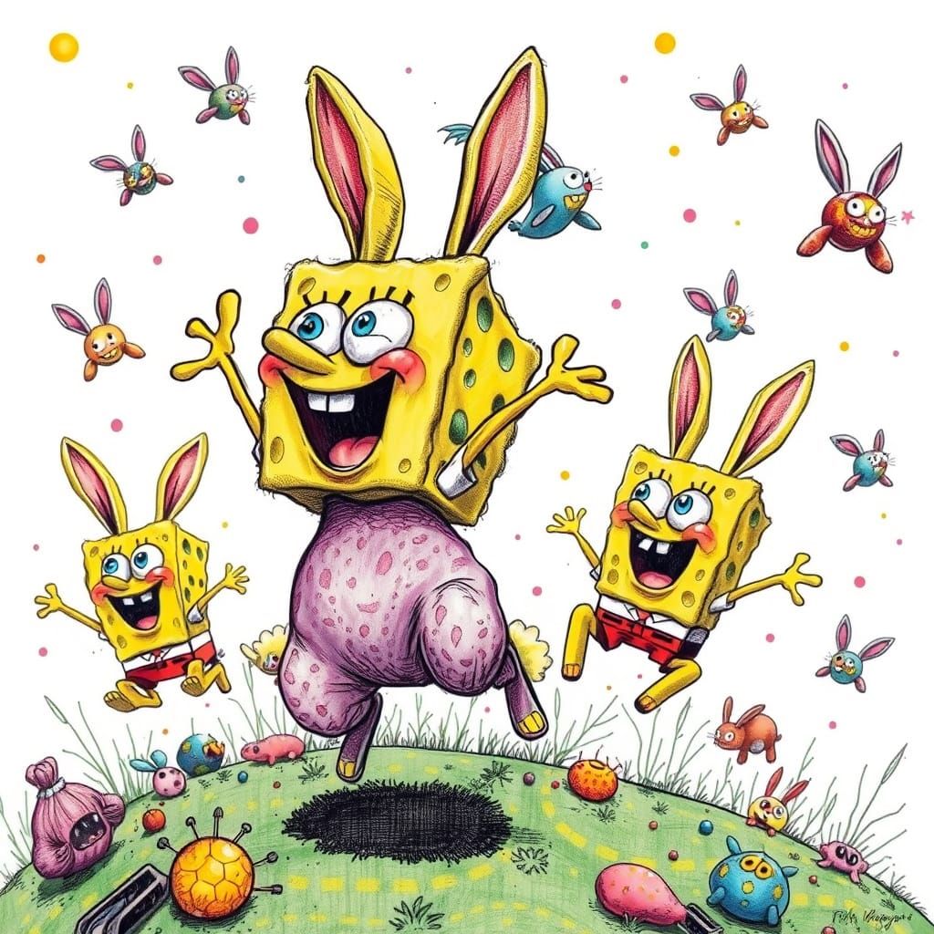 Flying SpongeBob Rabbits - Vibrant Flying Rabbits in Surreal...