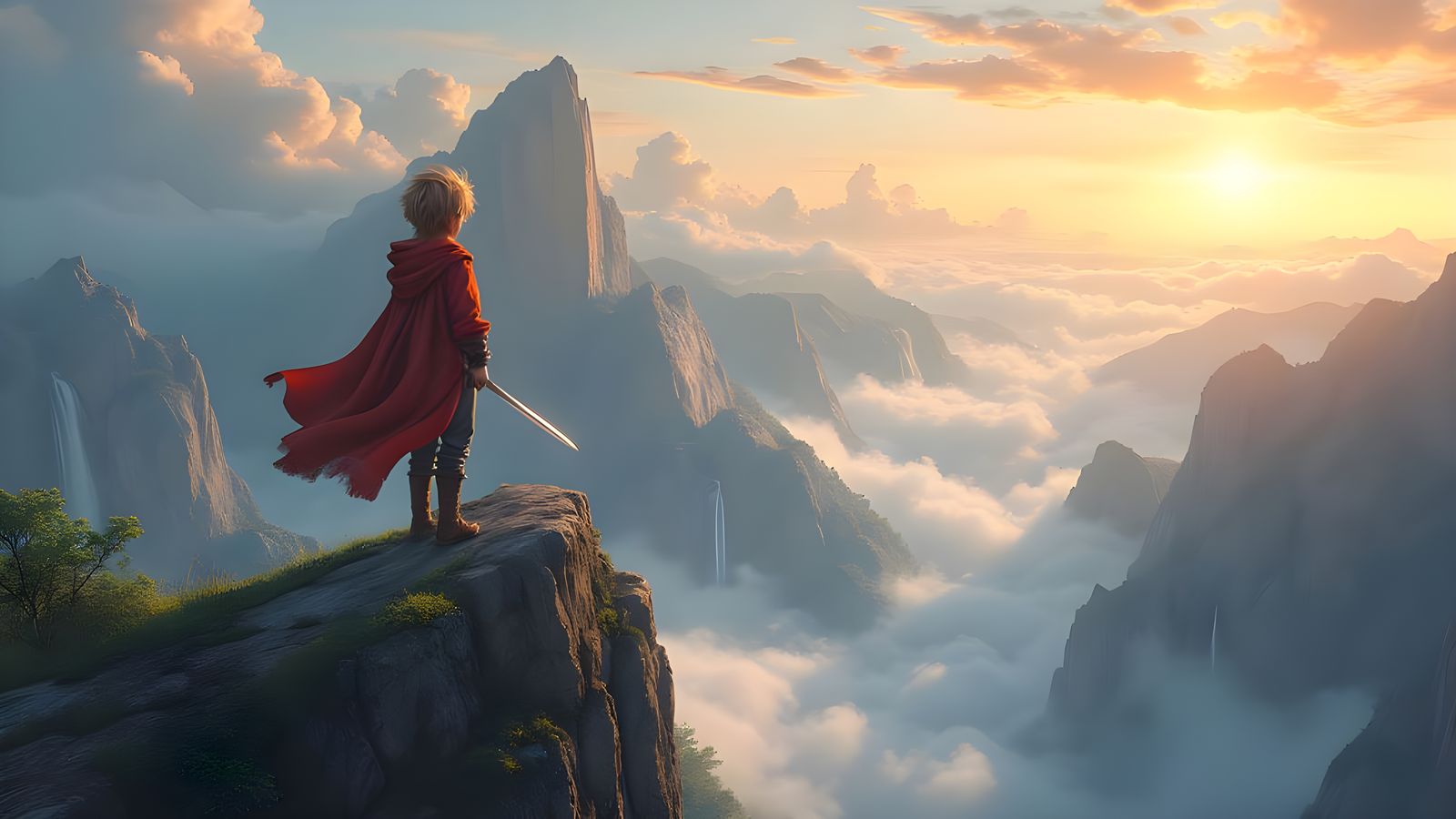 Adventurous Boy - Young Adventurer Stands Heroically on Moun...