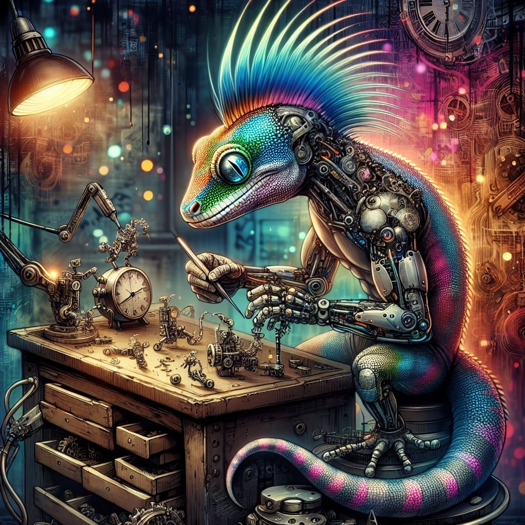 cyberpunk gecko clockmaker cyborg - cyberpunk gecko clockmak...