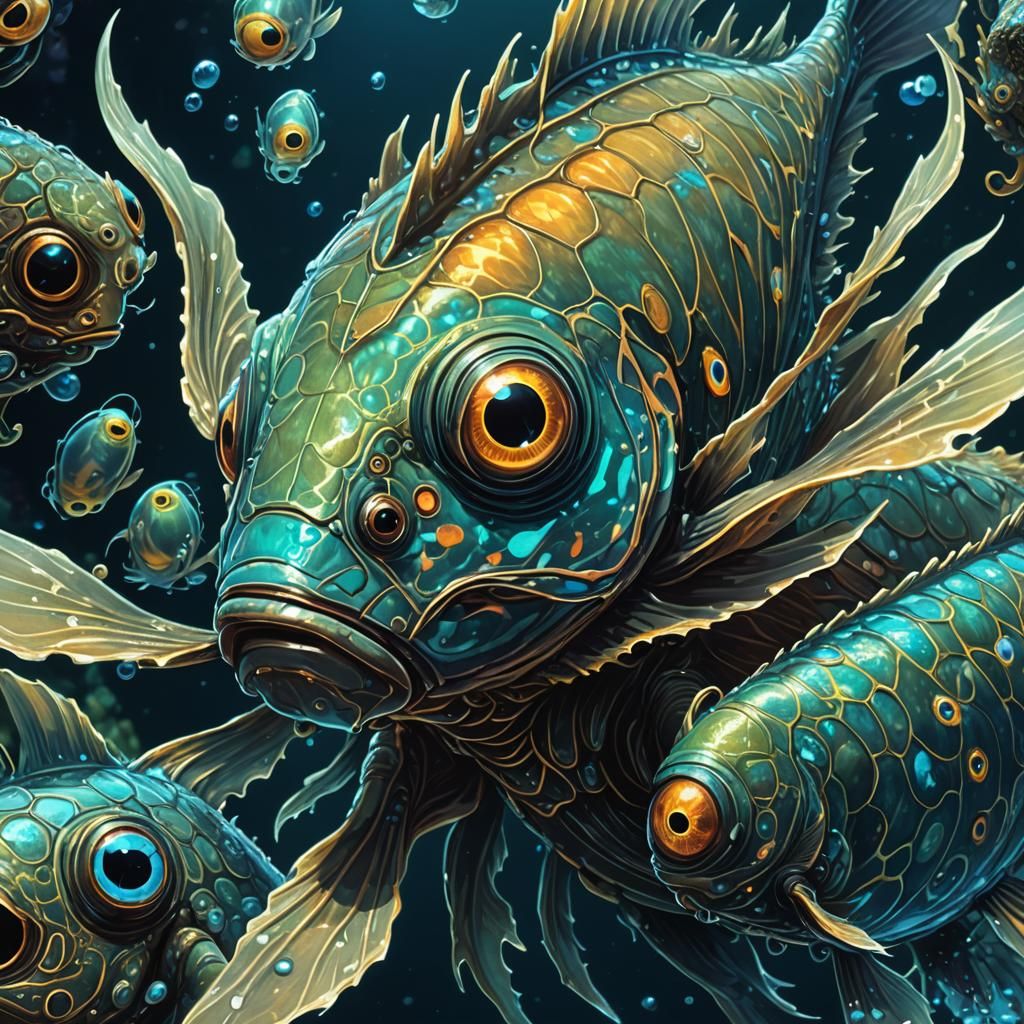Glowing Mutant Fish with Bioluminescent Scales and... - AI Art