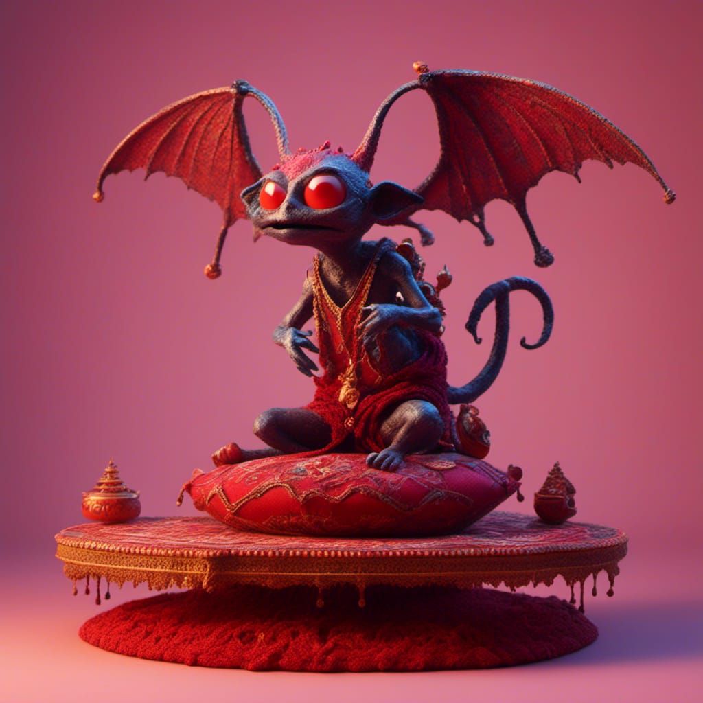 red Imp fiend lounging on a flying carpet. Blank background - AI ...