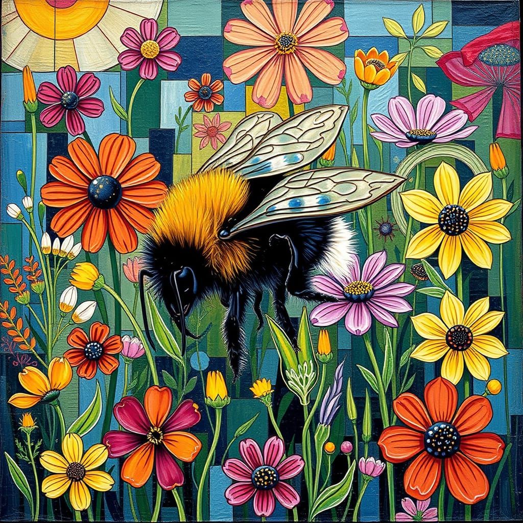 Abstract Bumblebee in Vibrant Floral Meadow - AI Art
